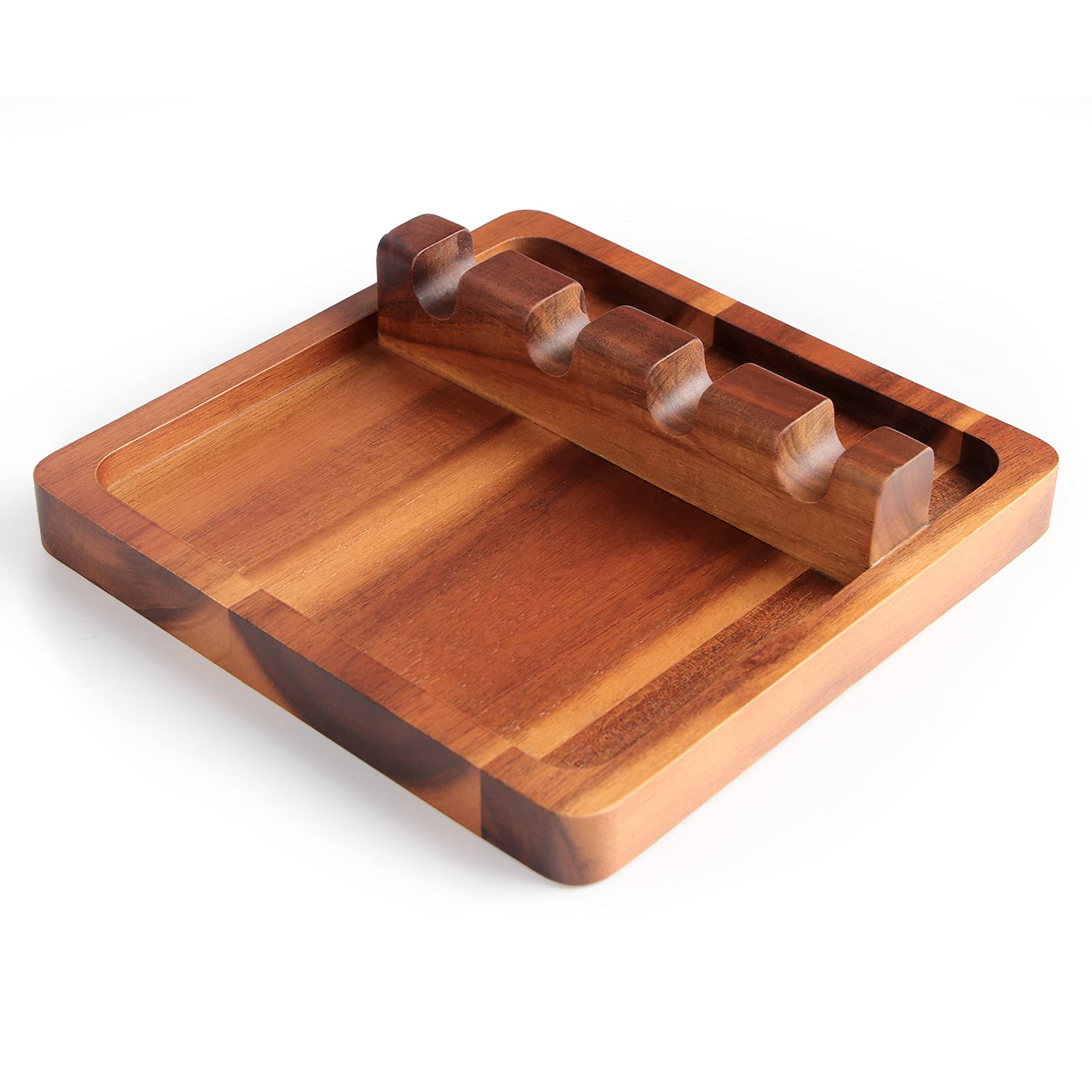 Acacia Wood Utensil Rest with Drip Pad for Multiple Utensils, 4 Slots Available, BPA-Free Spoon Rest & Spoon Holder for Stove Top, Kitchen Utensil Holder for Ladles,Turner,Brush,Spatula& More