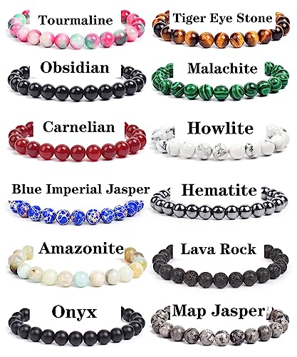 BOMAIL 12Pcs Natural Semi-Precious Gemstones Bracelets -8mm Round Beaded Bracelets for Men Women Reiki Healing Crystals Beads Stretch Bracelet