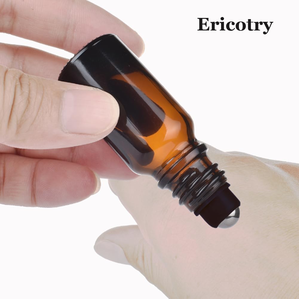 ericotry 4Pcs Brown Glass Roll-on Bottles Empty Refillable Glass Roller Bottles with Stainless Steel Roller Balls and Black Cap for Essential Oil Perfumes Lip Balms Attar Container size 30ml/1oz