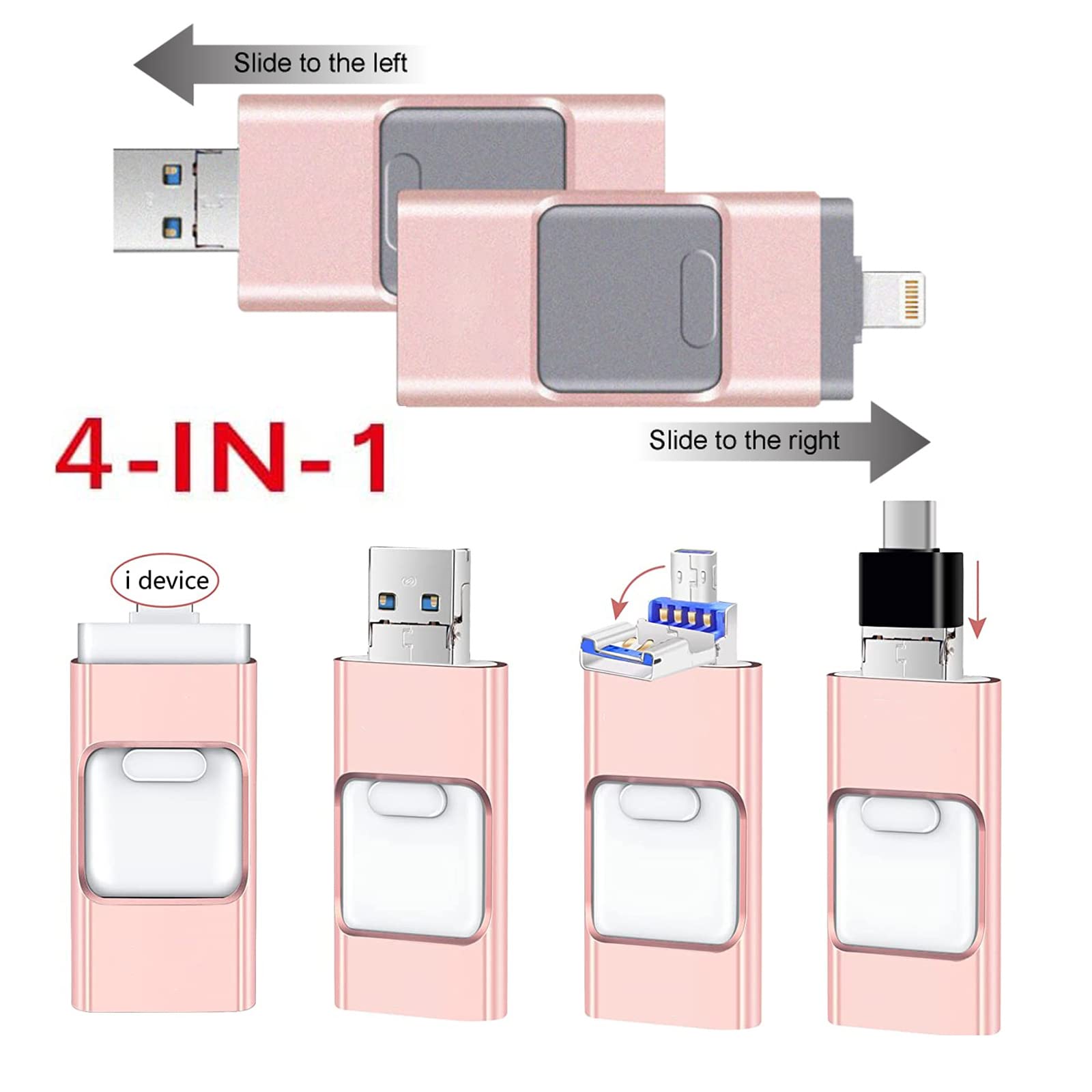 AQWEI 4 in 1 High Speed USB Multi Drive Flash Drive, Photo Stick Omni for iPhone and Computer, Flash Drive for iPhone & Photo Stick for Android Phones, High Speed Flash Drive 4 in 1 (16GB,Rose Gold)