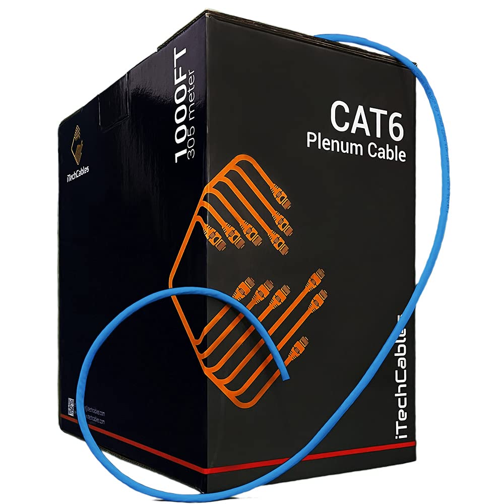 iTechCables, CAT6 Plenum Bulk Ethernet Cable 1000ft (CMP Rated) | Network Analyzer Test Passed | 23AWG 4Pair Solid, 550-MHz | Unshielded Twisted Pair (UTP) | Up to 10 Gigabit, Blue