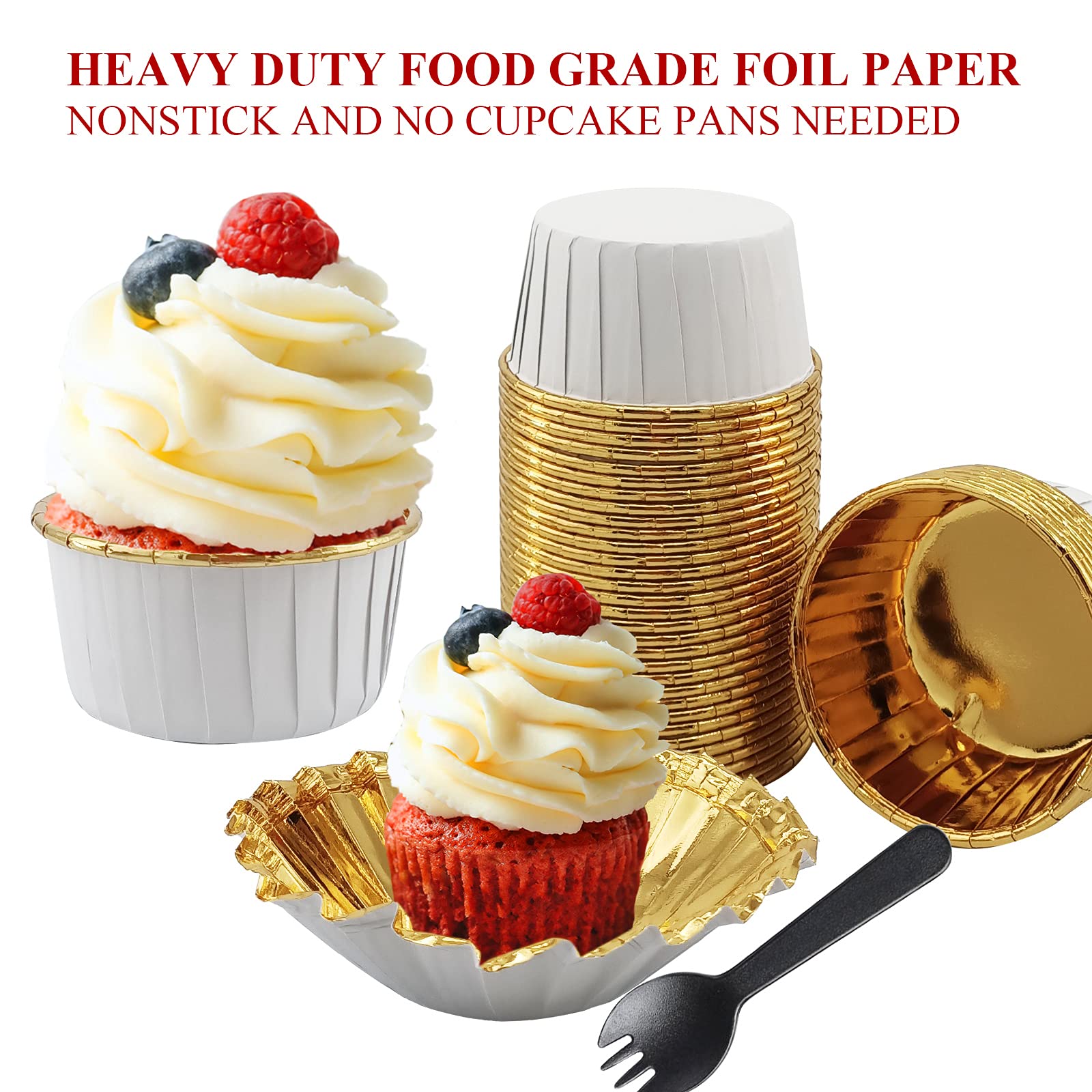 50 Pack Jumbo Cupcake Cups With Lids,LNYZQUS 5.5 Oz Foil Cupcake Muffin Liners,Disposable Ramekins Pans Muffin Tins,Large Baking Cups Cupcake Wrappers Holders -White in gold