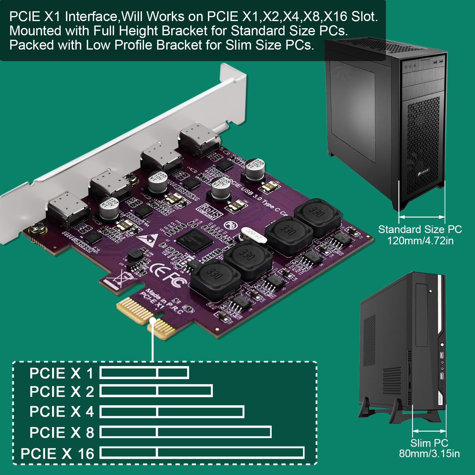 FebSmart 4X 5Gbps USB-C Ports PCI Express USB 3.0 Expansion Card for Windows 11, 10, 8.x, 7, Vista, XP Desktop PCs, Built in Self-Powered Technology, No Need Additional Power Supply (FS-U304C-Pro)