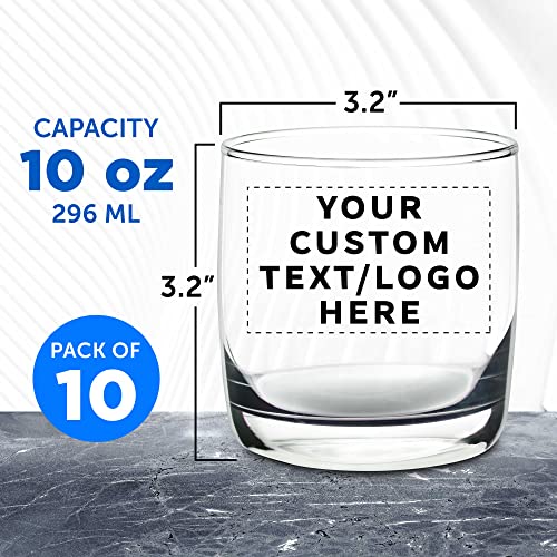 Custom Whiskey Glasses 10 oz Set of 10, Personalized Bulk Pack - Heavy Base Old Fashioned Glass, Perfect for Scotch, Bourbon, Whiskey, Cocktail - Clear
