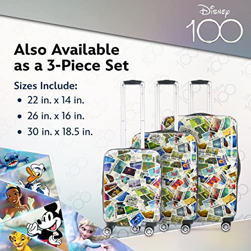 FUL Disney 100 22 Inch Carry On Rolling Luggage, 100 Years of Disney Stamps Hardshell Suitcase with Spinner Wheels, Multi