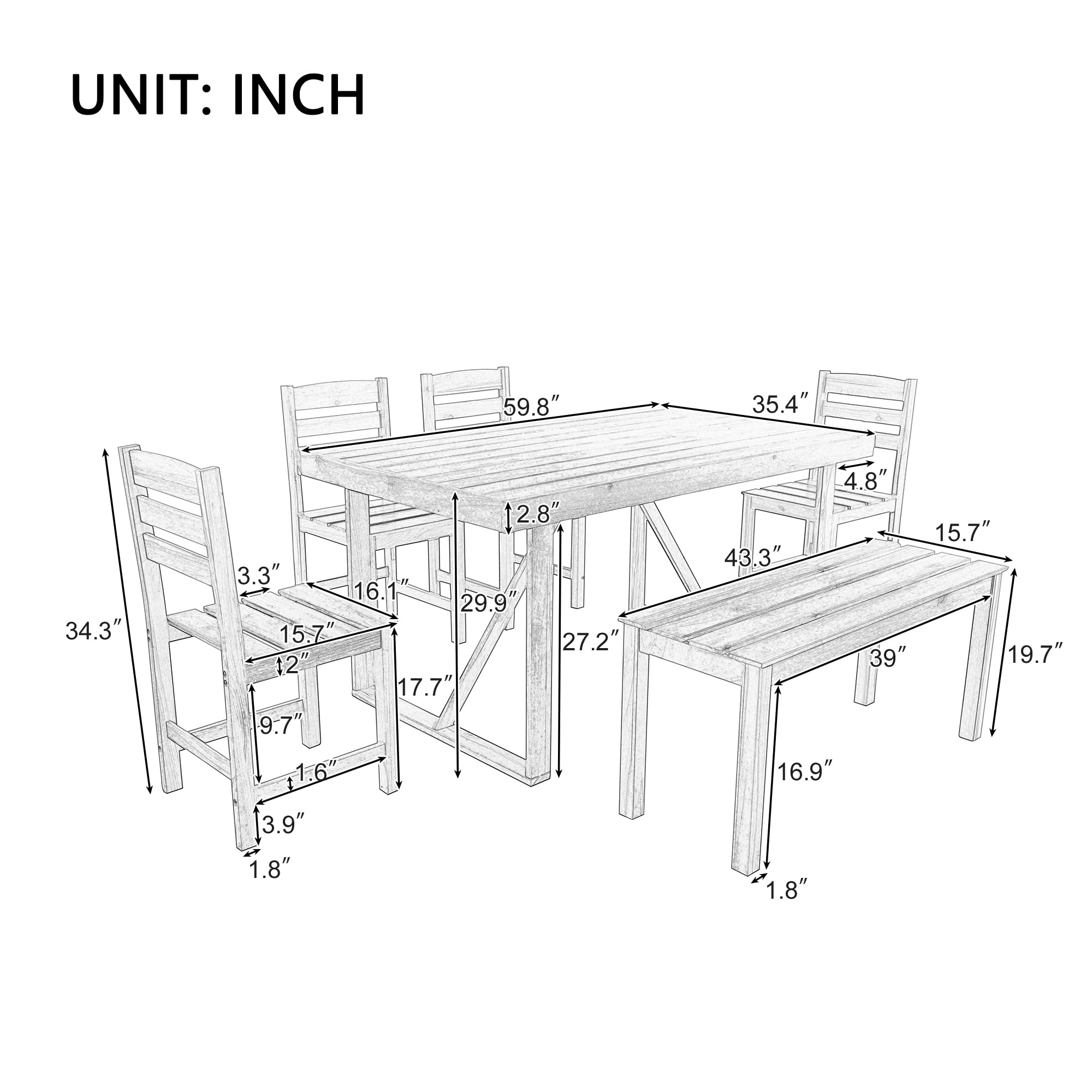 6 Person Outdoor Acacia Wood Dining Table Set, All Weather 6 Pieces Conversation Set, 60'' Rectangle Dining Table with 4 Chairs and Bench for Patio Backyard Garden Poolside Balcony (Natural-26)