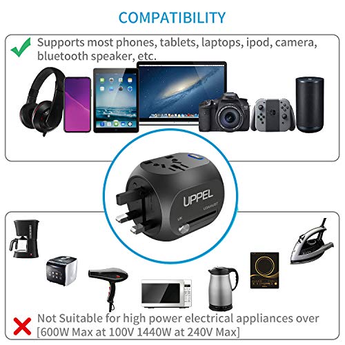 UPPEL Universal Travel Adapter Power Adapter All in One European Adapter Travel Converter with QC3.0&USB&Type-C Port Function Charger,Universal Plug Adapter Used in UK/US/EU AU/Asia(200 Countries)