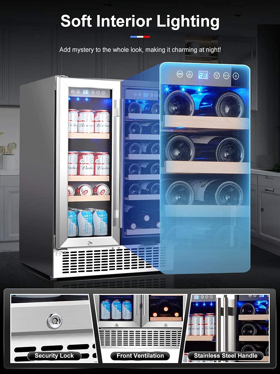 AAOBOSI 24 Inch Wine and Beverage Refrigerator - 19 Bottles & 57 Cans Capacity Dual Zone Wine Cooler - Wine Fridge Built in Counter or Freestanding - 2 Safety Locks and Blue Interior Light
