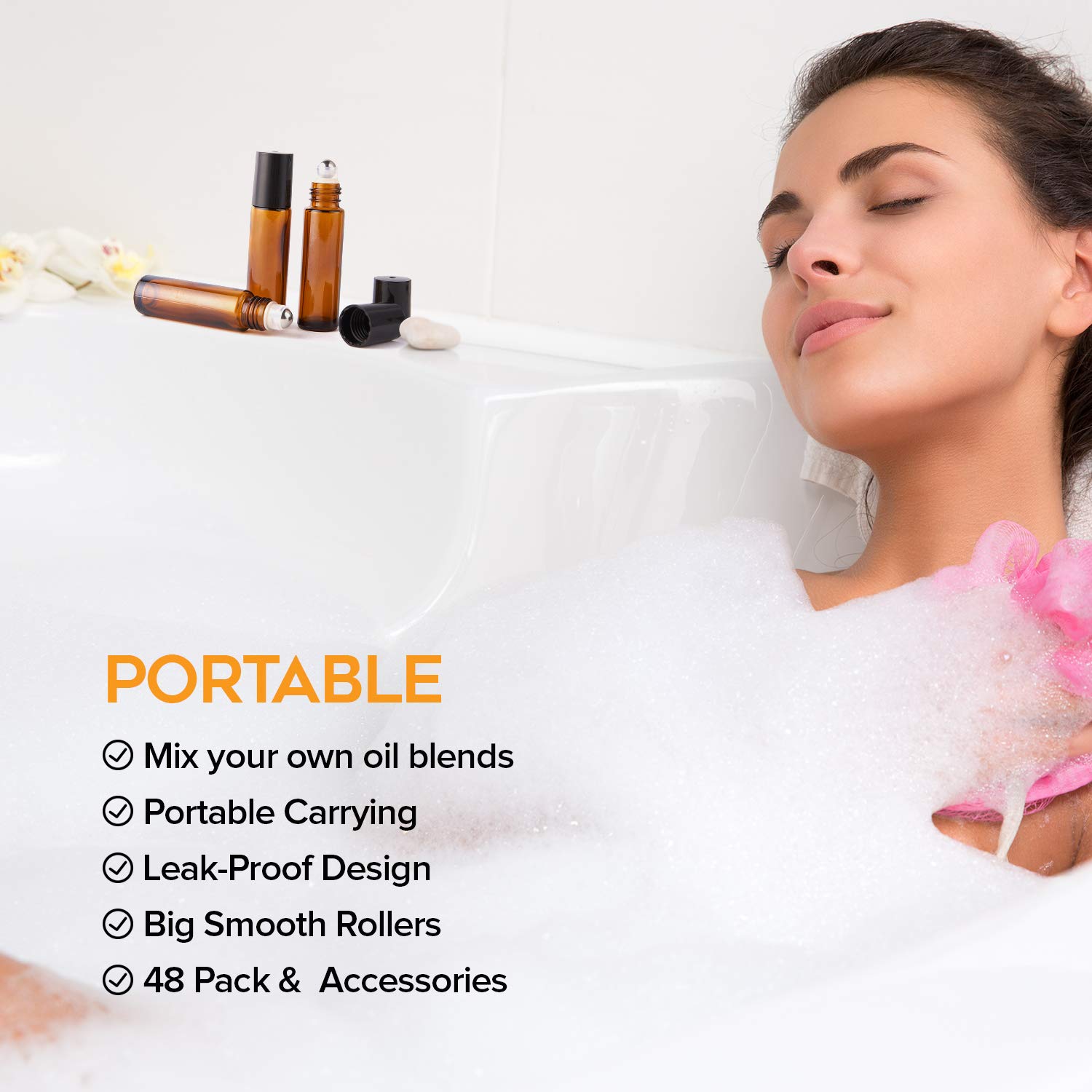 Essential Oil Roller Bottles, 48 Pack Hoa Kinh 10ml Empty Glass Amber Roller Bottles UV Protection with Stainless Steel Balls (10ml-48pack)