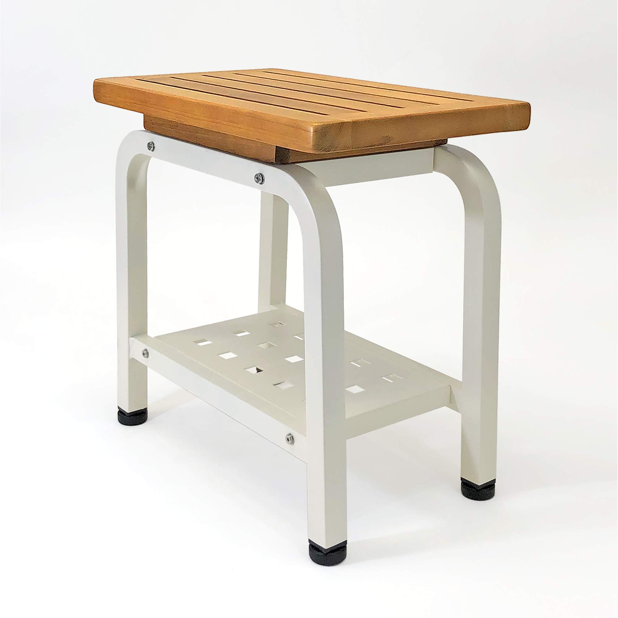 Aman Shower Bench, Teak & Aluminum Shower/Bath/Spa/Patio Stool Bench, Chair/Side Table with Storage Shelf for Indoor/Outdoor, Adjustable TPR Foot Pads, B101/BGE (Light Beige)