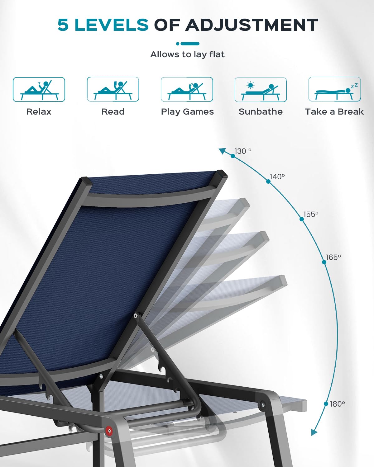 Aluminum Chaise Lounge Ourdoor - Foldable & Assemble Free Outdoor Lounge Chair with 5 Adjustable Backrest, Patio Lounge Chair for Outside Poolside Beach Pool, Navy Blue