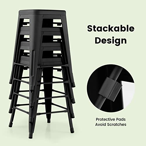 COSTWAY Bar Stools Set of 4, 24” Stackable Metal Stools with Square Seat & Handing Hole, X-Shaped Reinforced Design, Backless Bar Chairs for Kitchen, Dining Room, Pub (Black, 24‘’)