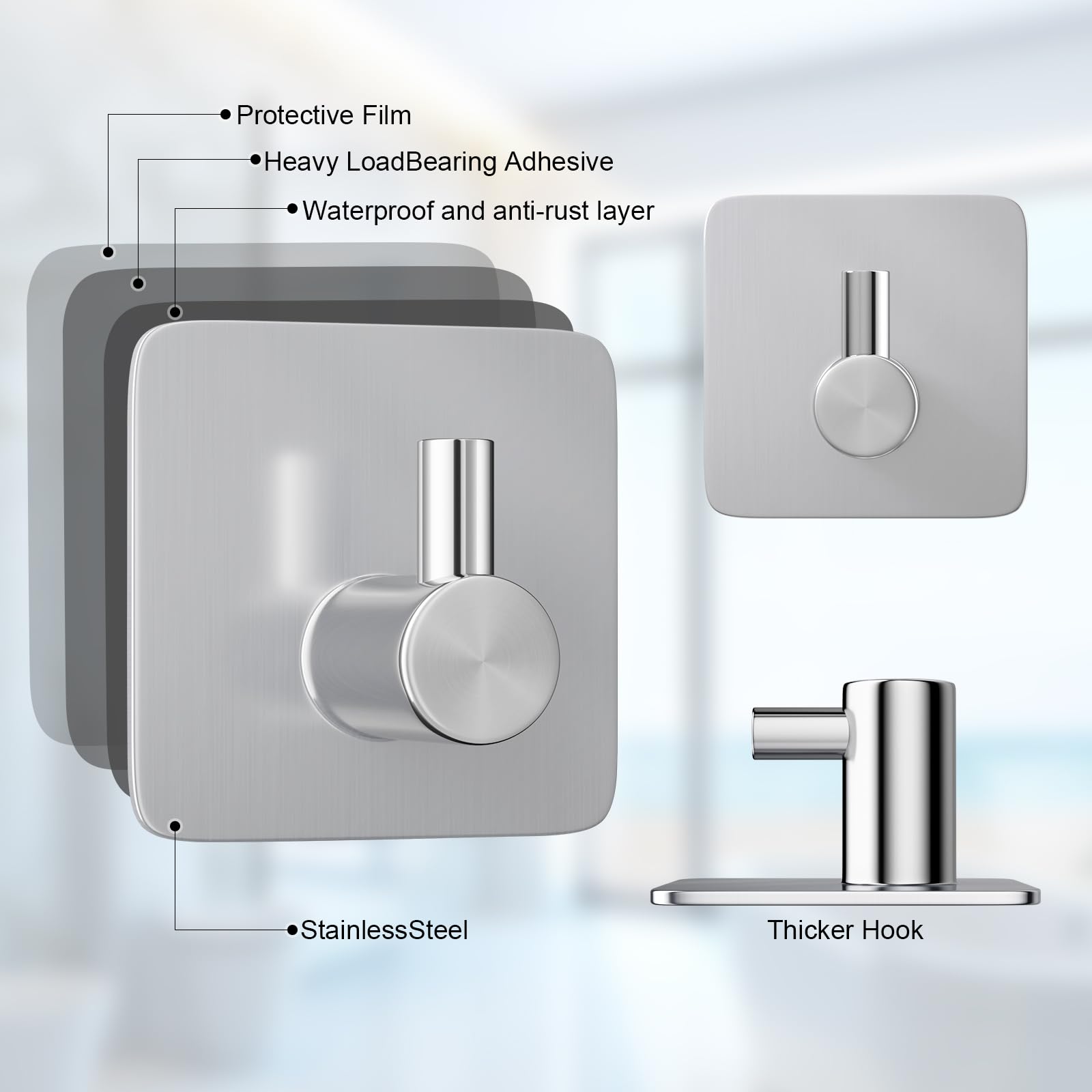 ACNISM 4 PCS Stainless Steel Sticky Hooks Heavy Duty Wall Hooks Towel Hanger Wall Holder Waterproof for Hanging Coat, Hat,Robe Hook(Silver Square Round)