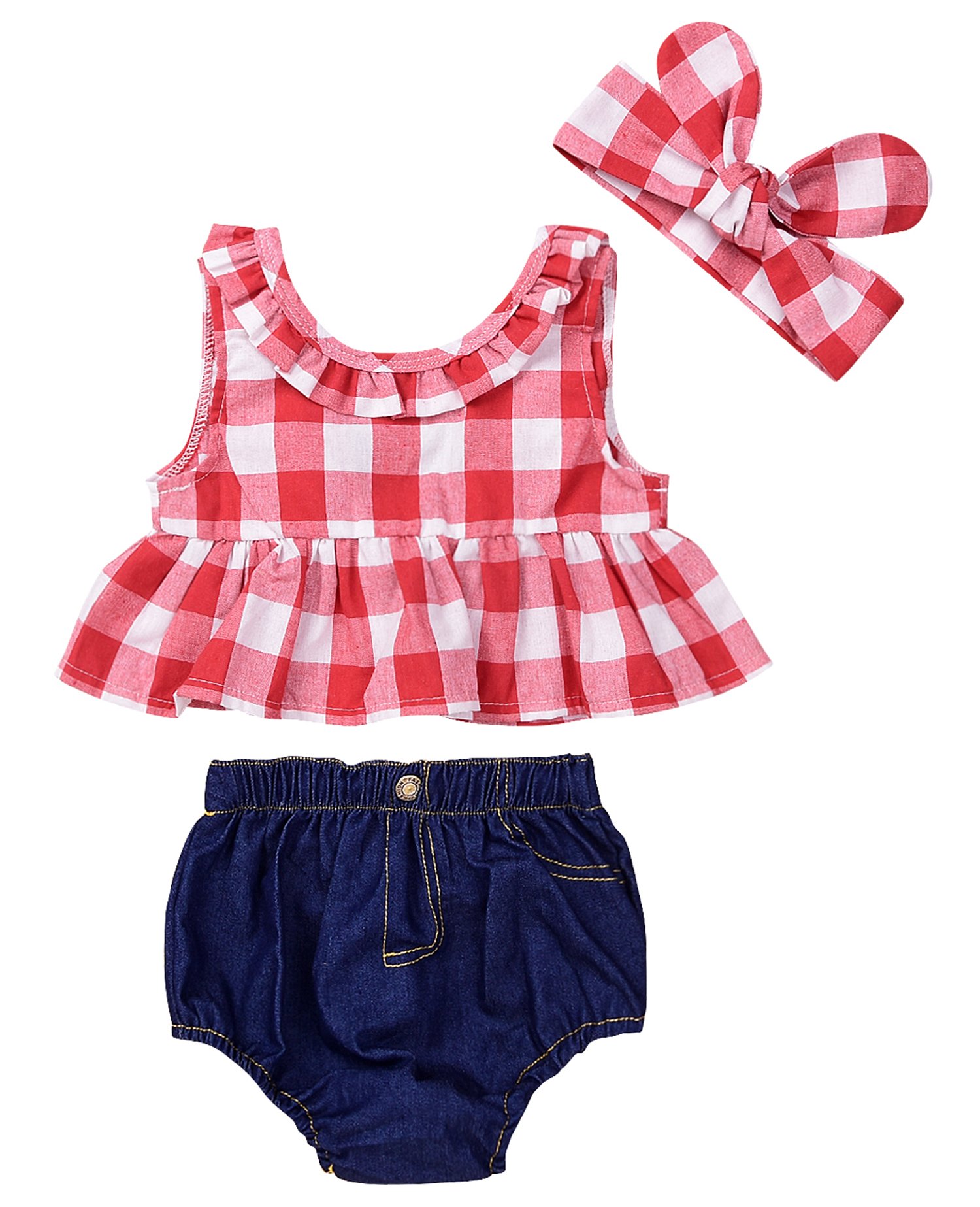 IWOKA Baby Girls Plaid Ruffle Bowknot Tank Top+Denim Shorts Outfit with Headband (70(0-6M), Red)
