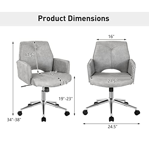 COSTWAY Ergonomic Home Office Chair, Height-Adjustable Faux Leather Computer Desk Chair w/Rolling Casters & Armrests, Upholstered Mid-Back Swivel Accent Chair for Home, Office, Study, Grey