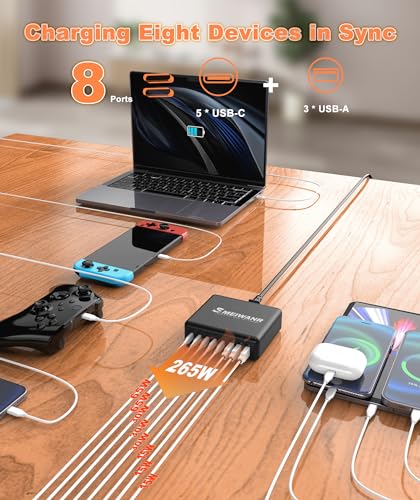 265W USB C Charger, USB C Fast Charger, 8-Port Desktop USB C Charging Station for Travel Home Office, Compatible with MacBook Pro/Air iPad iPhone 15/14/13/Pro Max/12 Sumsung(100W 1.5m Charger Cable)