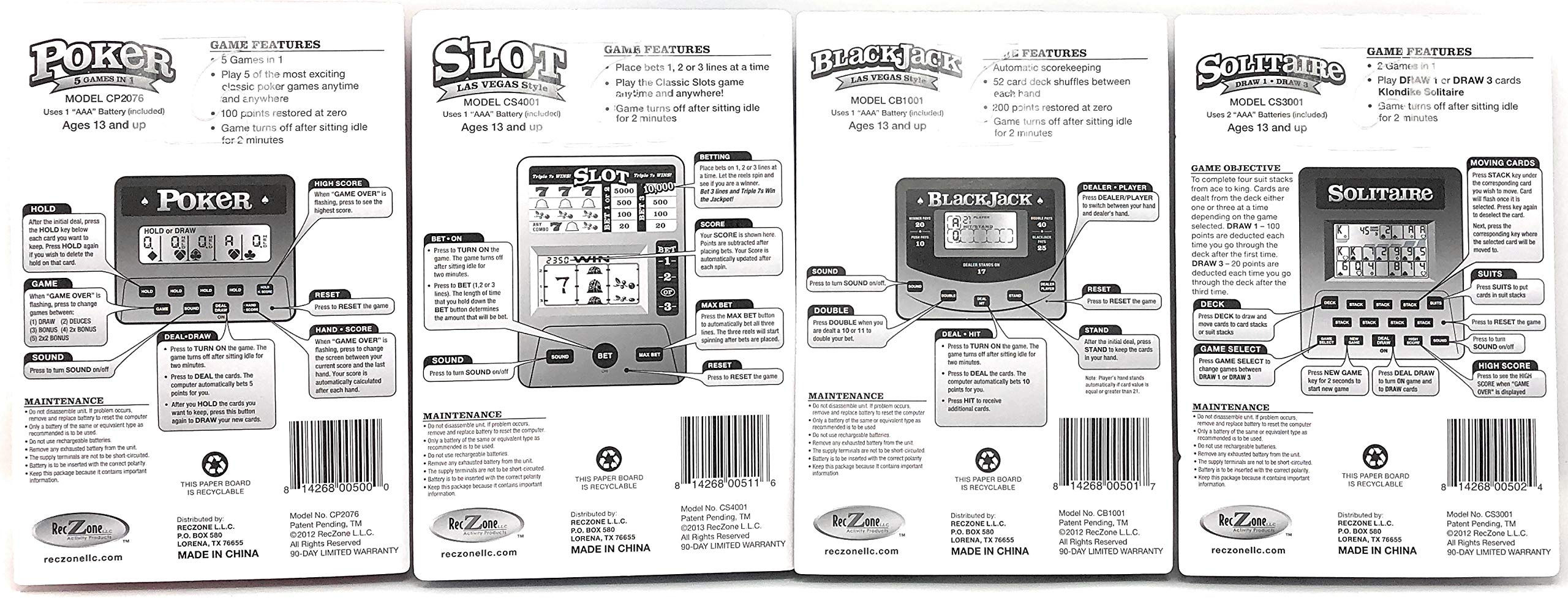 Electronic Gambling Game Pack Bundle Set of 4 - Slot Machine - Poker - Blackjack - Solitaire Handheld Games