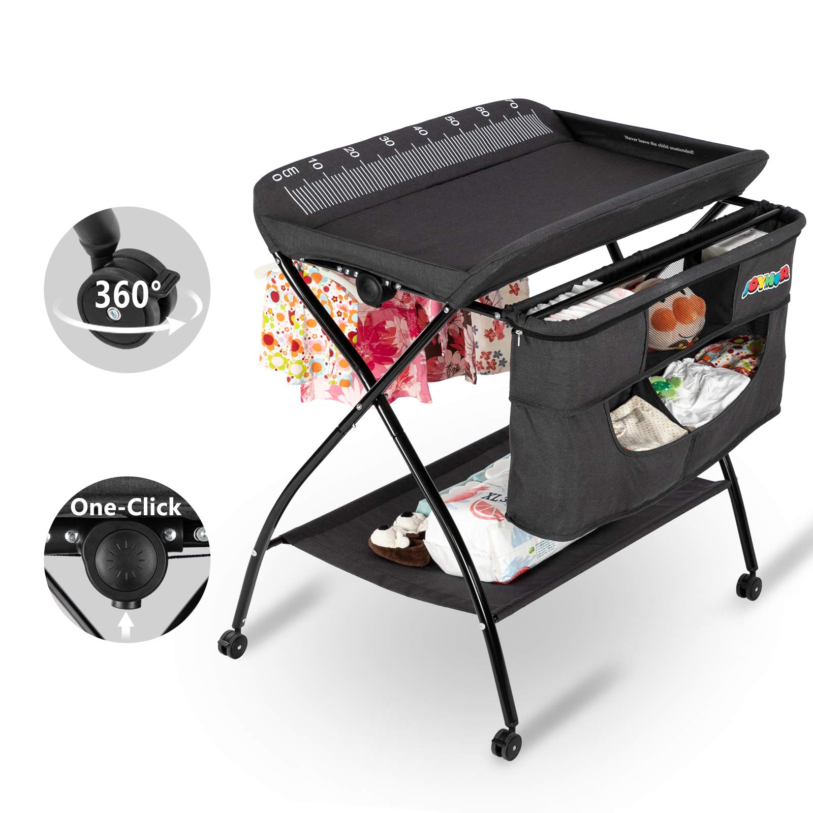 JOYMOR 2-in-1 Folding Baby Changing Table, Moblie Diaper Table for Infant, Portable Diaper Changing Station with Wheels, Large Storage Basket & Shelf Portable Nursery Organizer