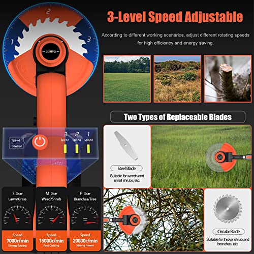 ALLONE Cordless Weed Wacker Battery Powered with Power Display & 3-Level Speed Variable, Electric Weed Eater Lightweight Brush Cutter Grass Trimmer with Metal Blades, 4.0Ah Battery and Charger