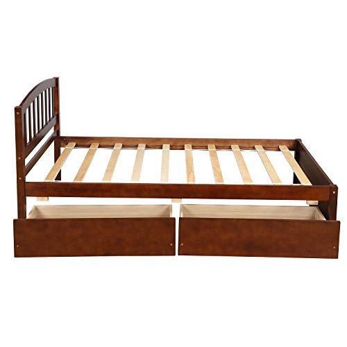 BIADNBZ Twin Size Platform Bed with Two Storage Drawers and Headboard, Wood Bedframe for Kids Teens, Wooden Slats Support, No Box Spring Needed, Easy Assembly, Walnut