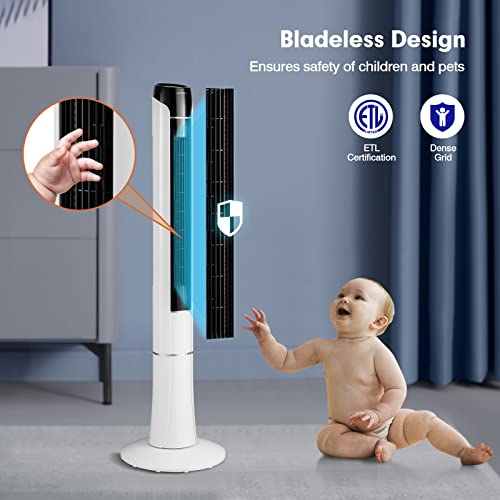 COSTWAY Tower Fan with Remote Control, Portable 47.5-Inch Standing Floor Fan with 80˚ Oscillating, 15H Timer, 3 Modes and 3 Speeds, Quiet Bladeless Fan for Bedroom Living Room Office, White