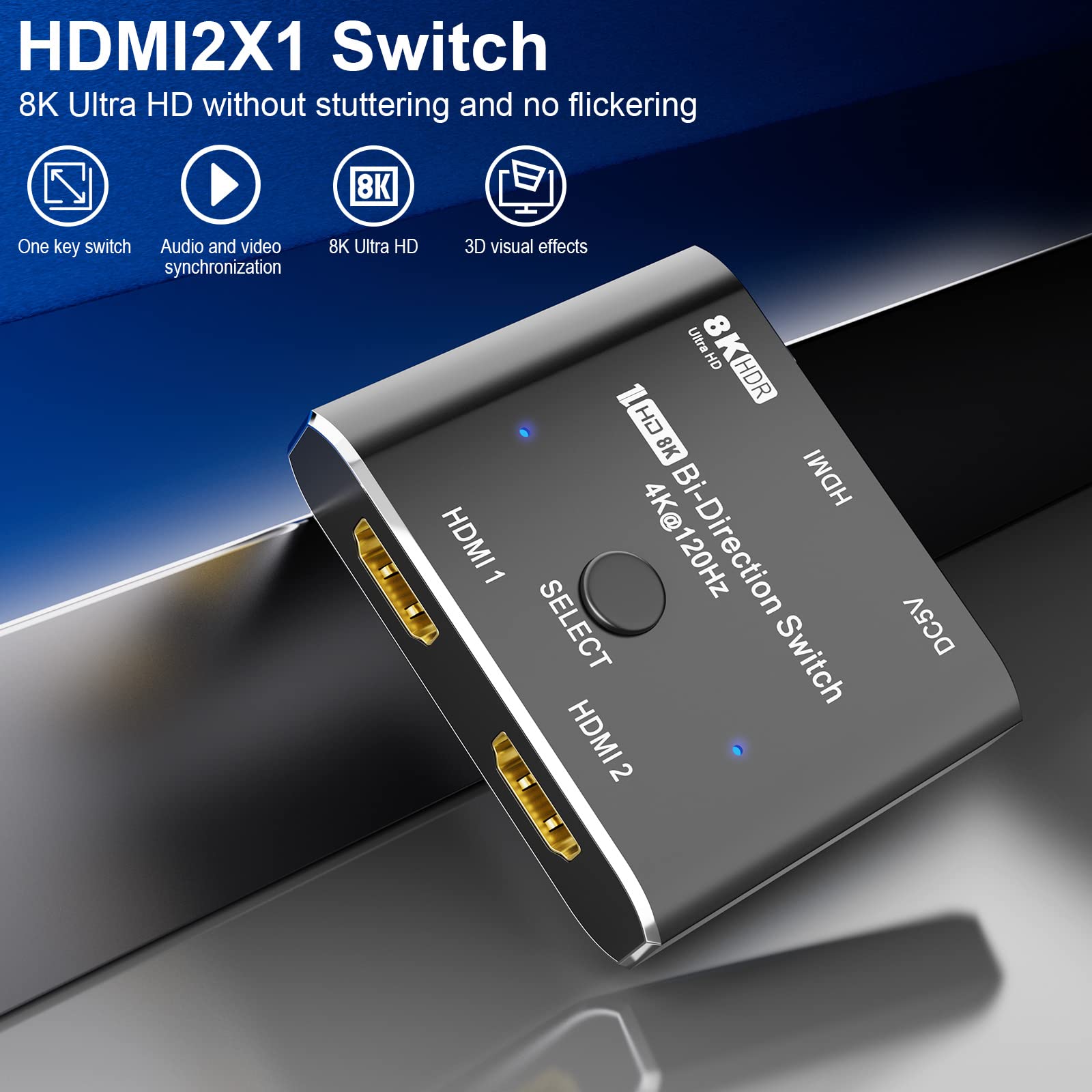 CABLEDECONN HDMI 2.1 Ultra 8K HD Bi-Directional Mini Switch 8K@60Hz 4K@120Hz HDR 1in 2out 2in 1out High Speed 48Gbps Splitter(Singal Display) Converter Compatible with Xbox X PS5 Aluminum Shell