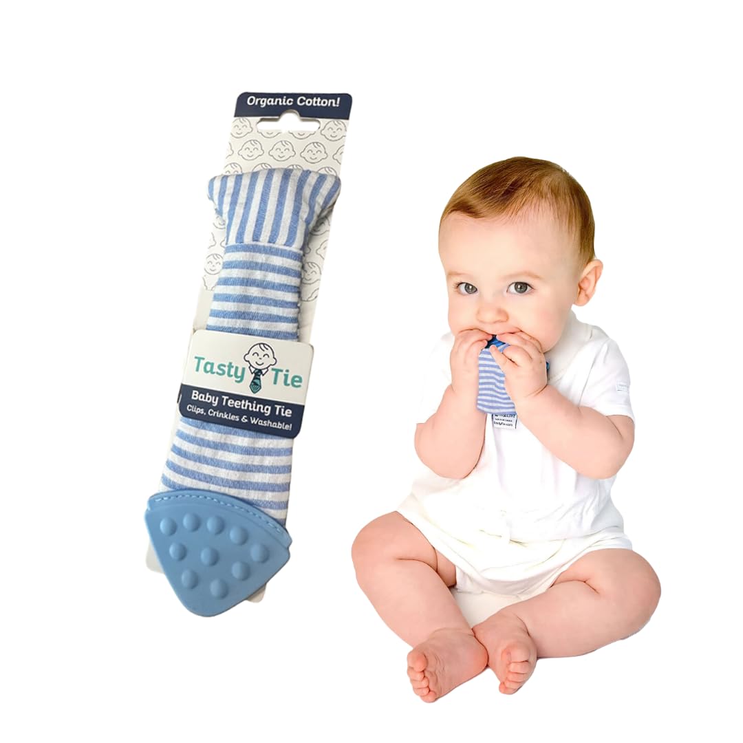 Tasty Tie Teething Tie, 3-in-1 Clip-on Baby Tie Crinkle Toy & Silicone Teether for 3-6-9-12-18 Month Babies | GOTS Certified Organic Cotton | Unique Baby Boy Gift or Stocking Stuffer, Seersucker Style