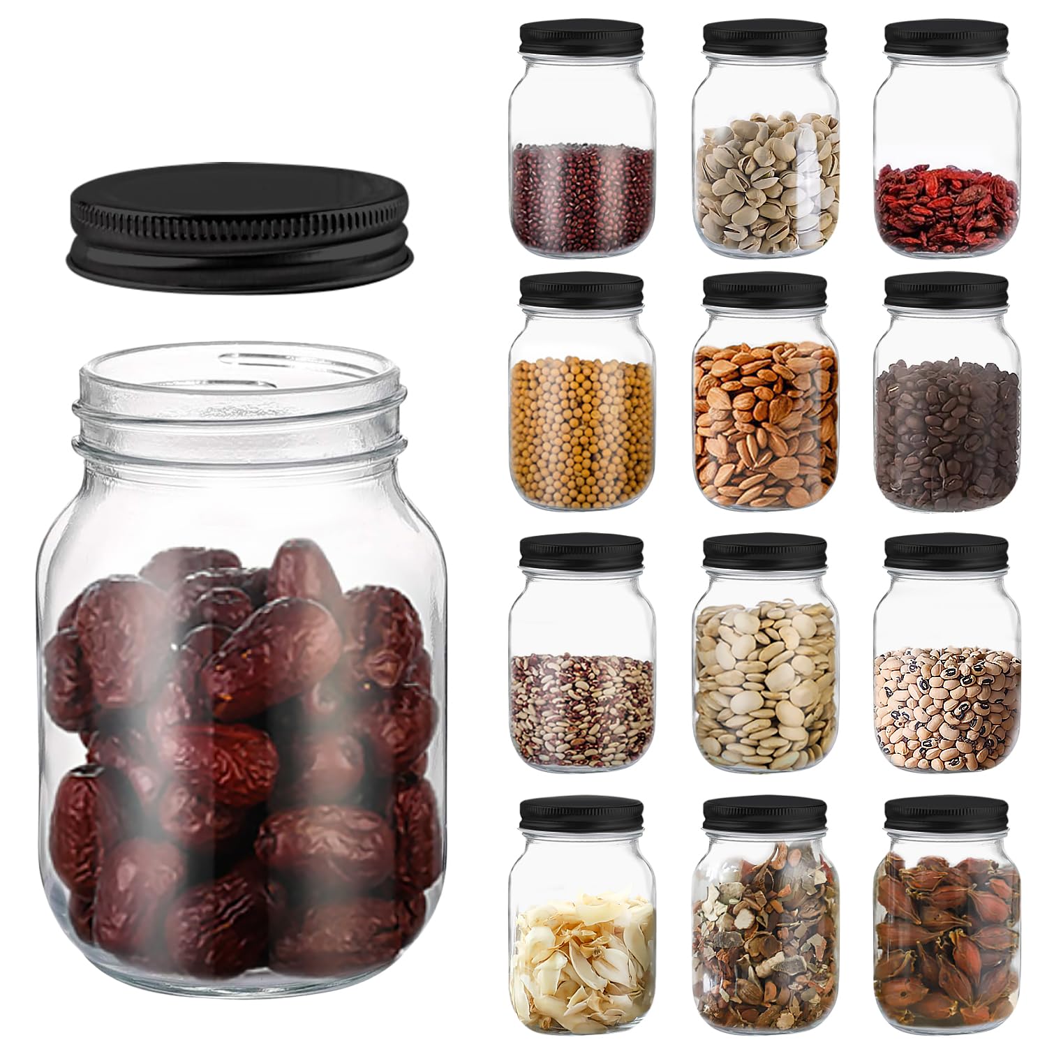 novelinks 16 OZ Clear Plastic Mason Jars with Airtight Lids - Plastic Mason Jars 16 OZ Plastic Jars with Lids for Kitchen & Household Storage (6 PACK, Silver)