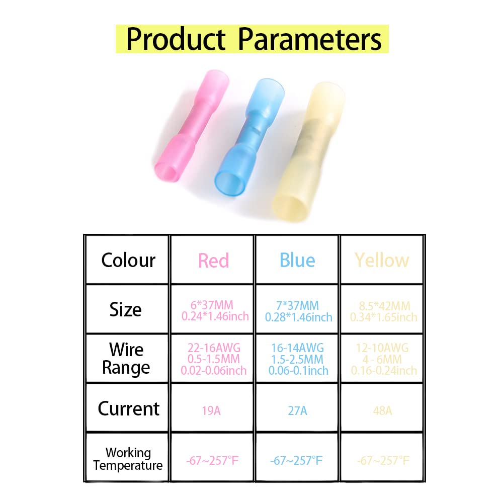 50PCS Heat Shrink Butt Connectors, Yellow 12-10 AWG Waterproof Crimp Terminals Wire Splice Connectors, Electrical Connectors, Butt Splice for Marine, Cable, Wiring