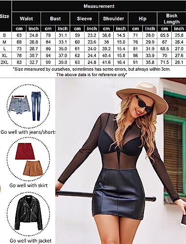 Avidlove Women Long Sleeves Bodysuit Top Sexy Mesh Sheer See Through Zipper Leotard with Snap Crotch Black XXL