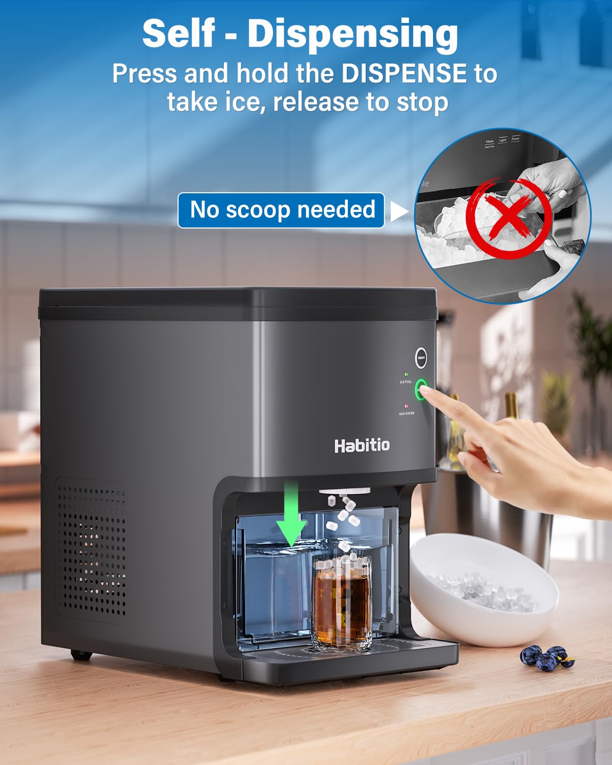 Habitio Nugget Ice Maker, Self-Dispensing Countertop Ice Maker, Pebble Ice Machine with 3L Detachable Water Tank, 33lbs Chewable Ice Cubes /24H, Electric Pellet Ice Maker with Self-Cleaning Function