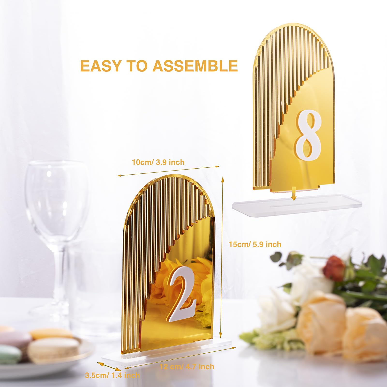 Sage Nation 15 pcs Gold Arch Wedding Table Numbers, 4x6 inch Acrylic Table Numbers, 3-D Mirrored Signs With Stands Perfect for Wedding Reception, Party, Restaurant, Event Decor