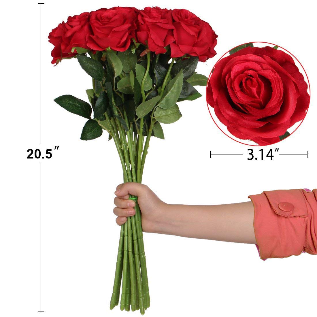 Bringsine Artificial Velvet Flowers Realistic Roses Bouquet with Long Stem for Home Wedding Decoration Party-Red