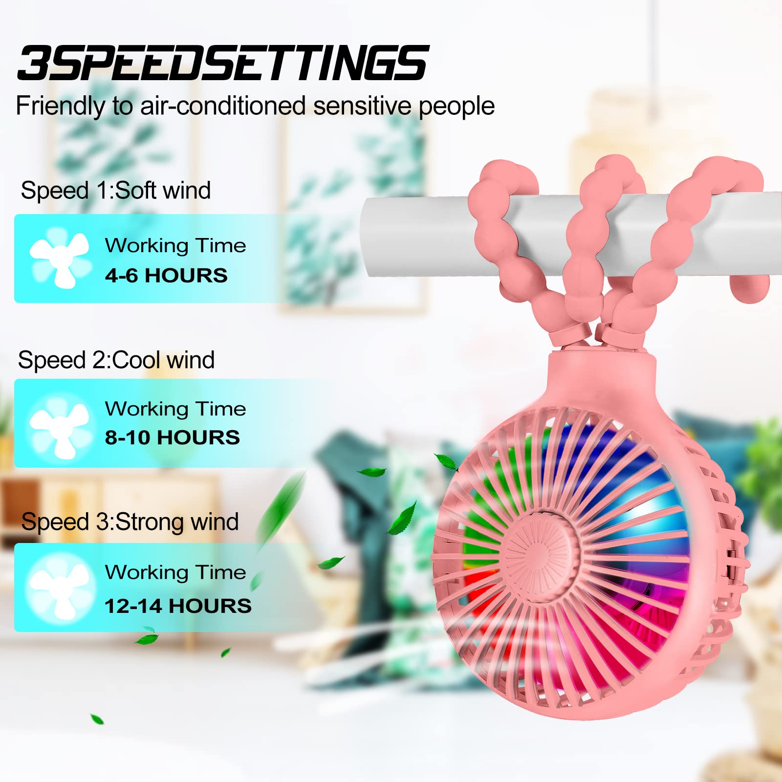 scurry Stroller Fan Upgraded Portable Fan Versatile Fan Personal Desk Fan USB Rechargeable Fan with LED Light and Aromatherapy Flexible Tripod Design Handheld Fan 3 Speeds Baby Fan for Stroller(Pink)
