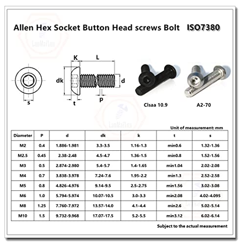 50pcs M2.5×10mm Black Alloy Steel Button Head Round Head Hex Socket Cap Screw Bolt ISO7380 Black Oxide