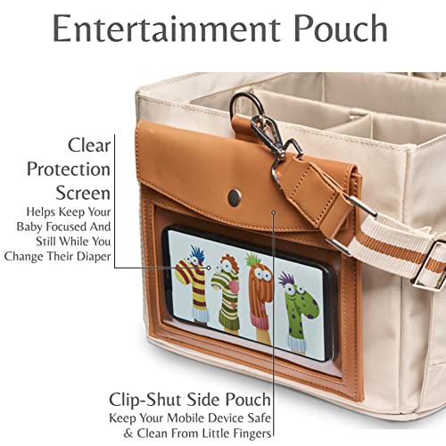 Diaper Caddy With Shoulder Strap & Entertainment Pouch Keeps Baby Still For Diaper Change. Waterproof Diaper Organizer Canvas Fabric Wipe Clean. Diaper Caddy Organizer Multiple Compartments (Beige)