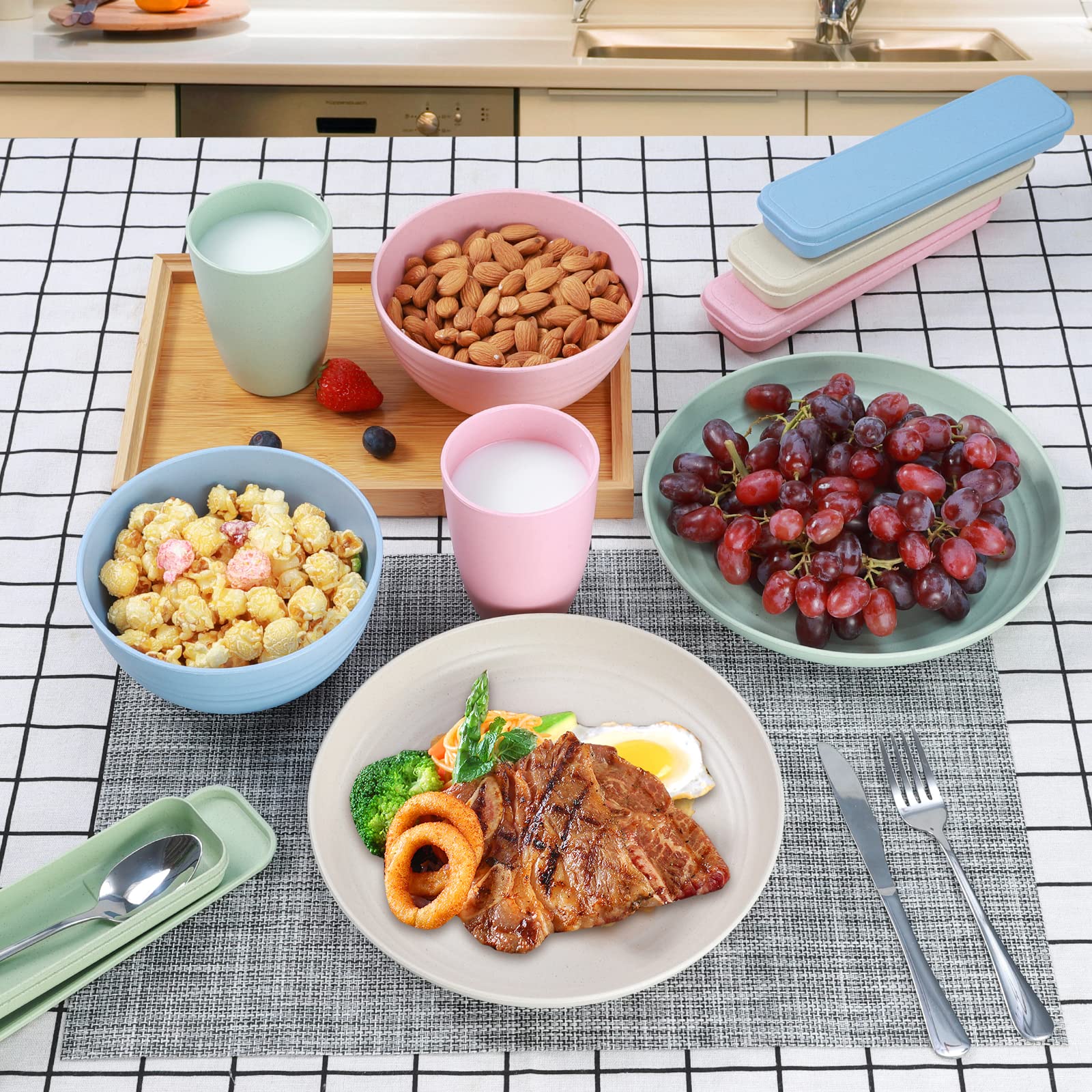 28PCS Kitchen Wheat Streaw Dinnerware Sets for 4, Wheat Straw Plates and Bowls Sets, College Dorm Dinnerware Dishes Set for 4 with Cutlery Set