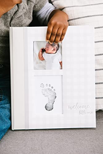Pearhead Welcome Little One First 5 Years Memory Book, Gender-Neutral Baby Keepsake for New and Expectant Parents, Pregnancy And Milestone Journal, Gray Gingham