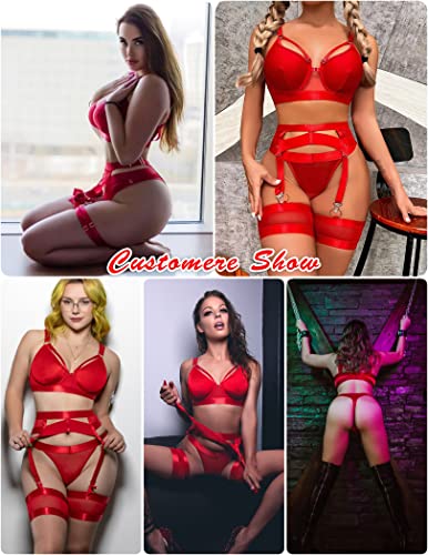 Avidlove Womens Lingerie Push Up Lingerie for Women Underwire Lingerie Set with Garter Belt(Red,XL)