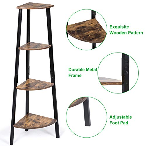 Tangkula Industrial Corner Shelf, 4-Tier Ladder Bookshelf, Metal Frame Storage Rack, Bookcase, Plant Stand, Multipurpose Accent Furniture for Home Office, Display Corner Shelf (Rustic Brown)