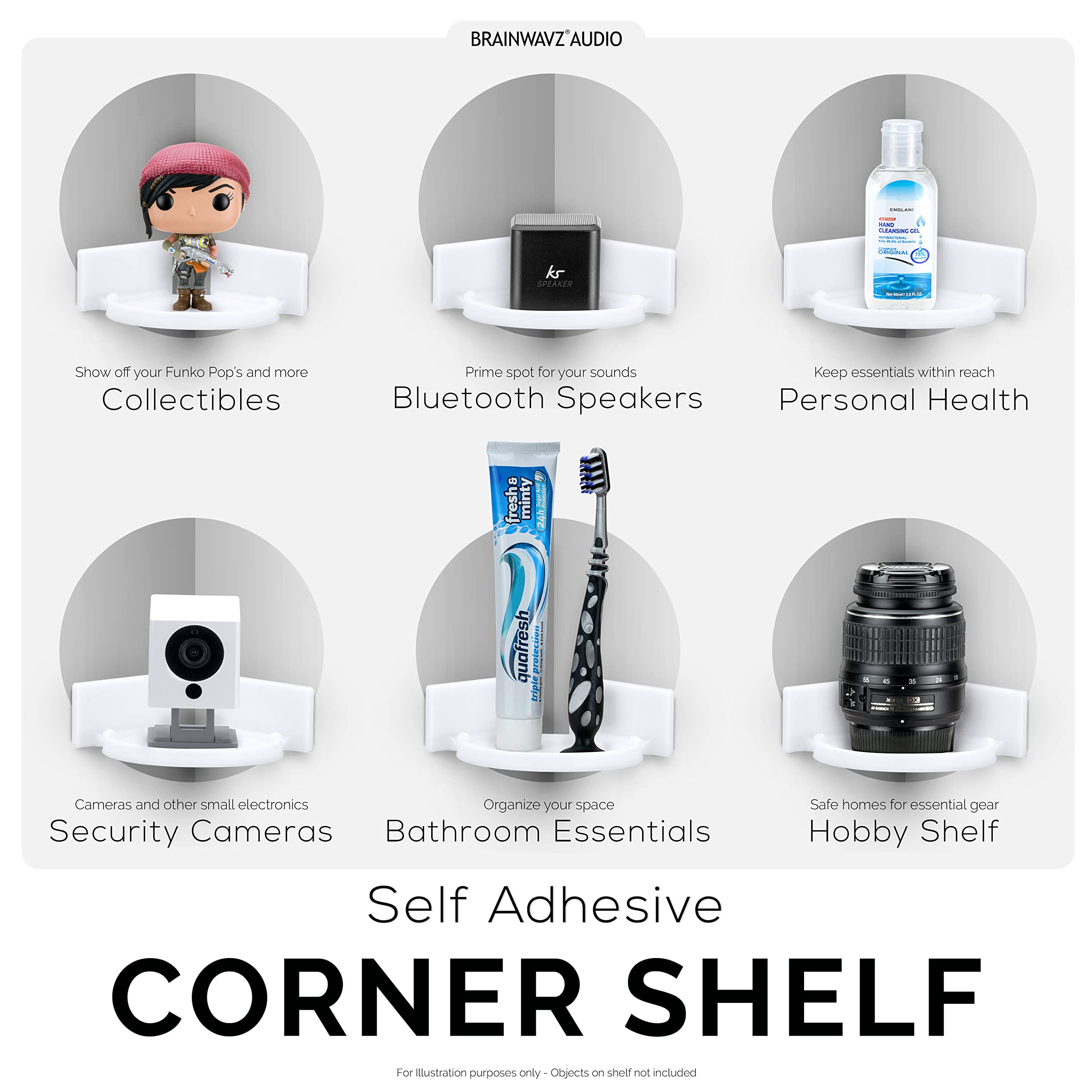 Mini Circular Corner Shelf Mount for Security Cameras, Baby Monitors, Speakers, Plants & More, Universal Holder, Strong Adheasive, No Mess, Screwless by Brainwavz (White)