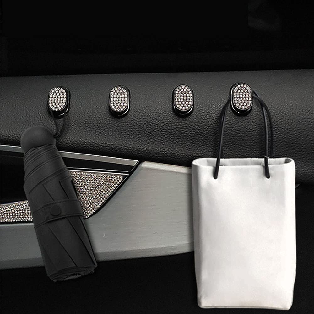 MINGZAIQIPEI Bling Car Mini Hooks, Crystal Adhesive Hook for Hat Coat Towel Key, Decorative Diamond Car Hooks Stick on Dashboard, Wall Hanging Mask Holder for Home and Car,4 Pack (Black)