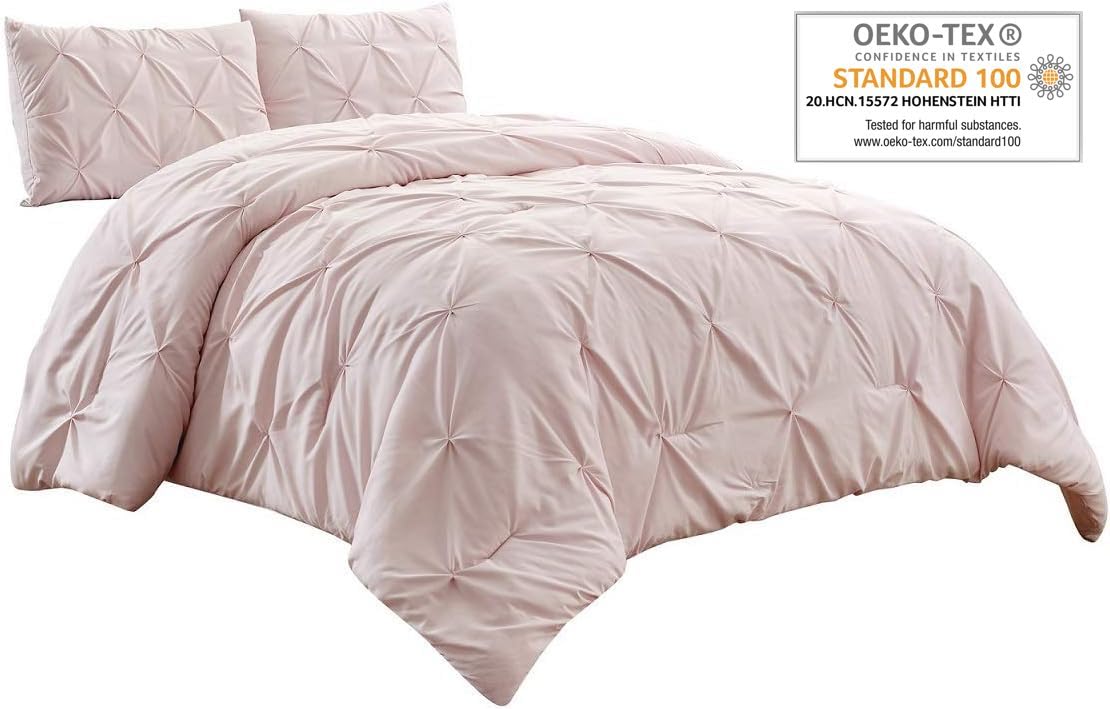 3 Piece Microfiber Comforter Set Girls Bed Dorm Room Decor Pinch Pleat Pintuck Down Alternative Queen Size Bedding - All Season Rose Blush Pink Bedroom Decor- JN1 (Queen 3 Piece)