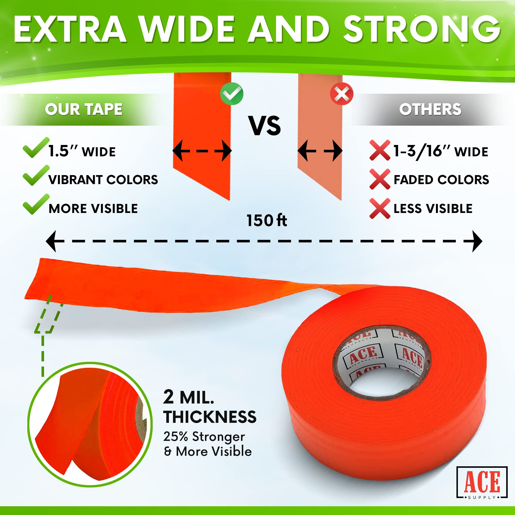ACE Supply Orange Flagging Tape Survey Tape - Non-Adhesive 12 Pack - 1.5" Width, 150' Length, 2 Mil - Tree Tape for Branches, Surveyors Tape, Flag Tape