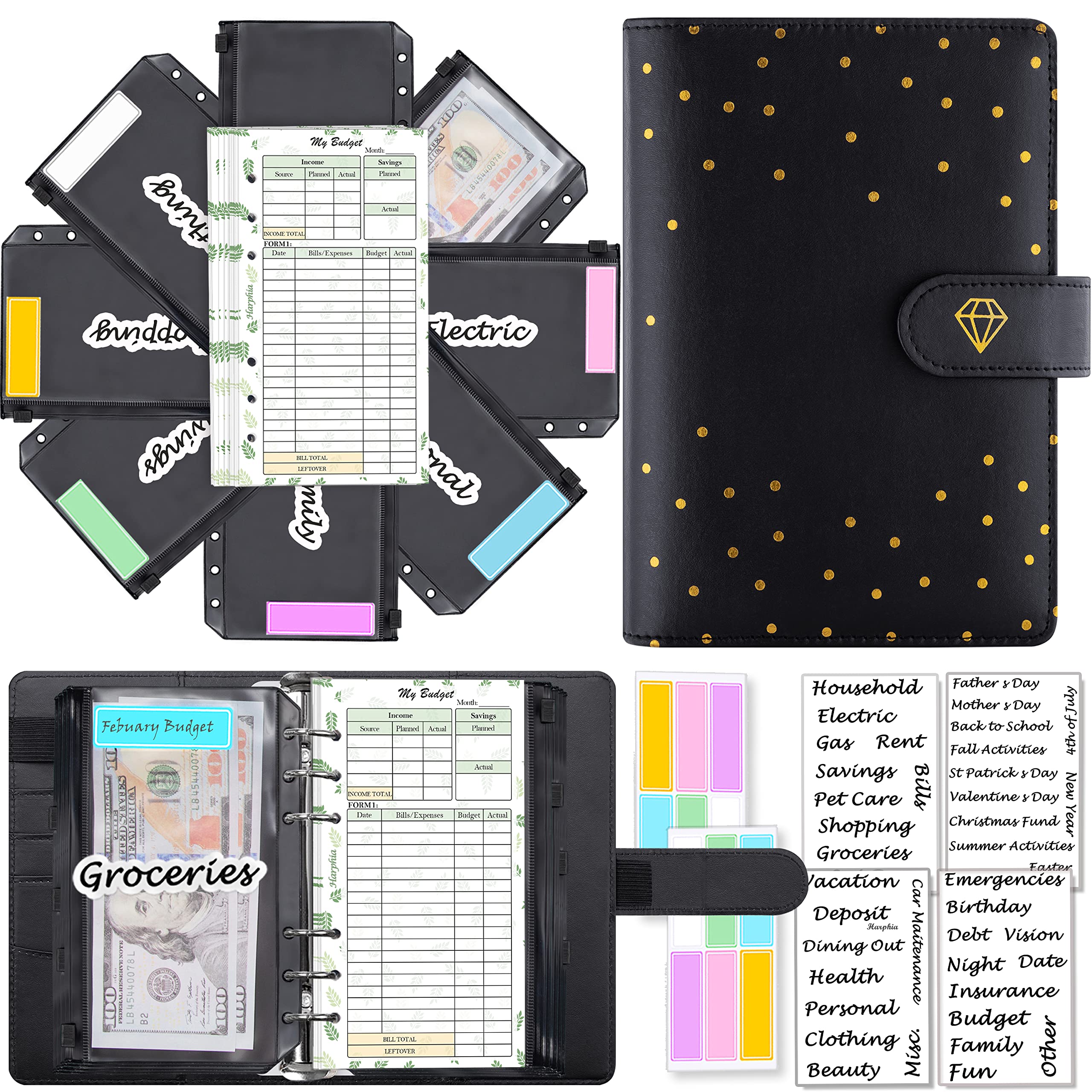 A6 Money Organizer, 6-Ring Budget Planner kit with envelopes, Budget Refill, Matched Stickers and Labels, 7.4"x 5.71" (Harphia, 146-silver)