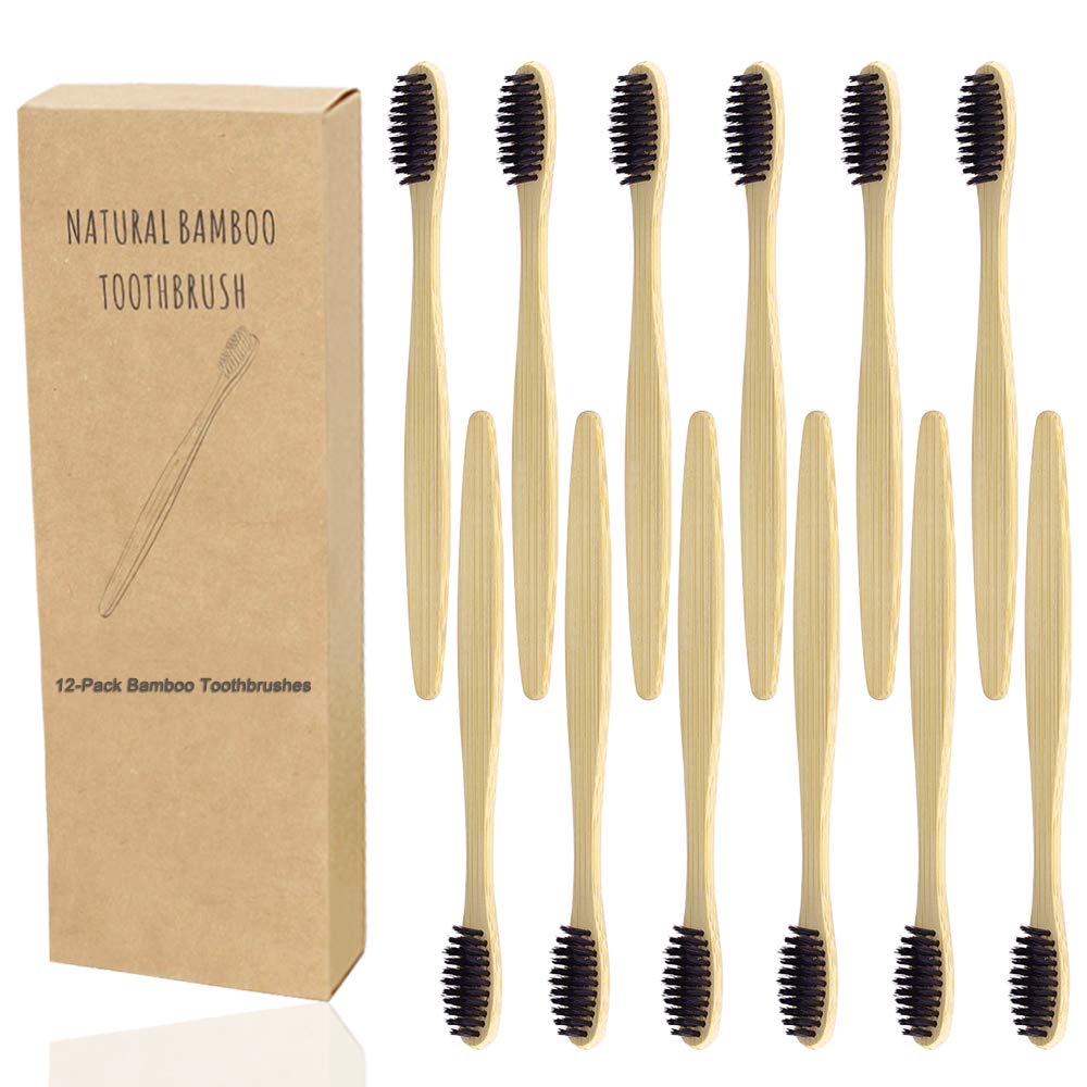 SourceTon Pack of 12, Natural Bamboo Toothbrushes, Soft Bristles Charcoal Bamboo Toothbrush