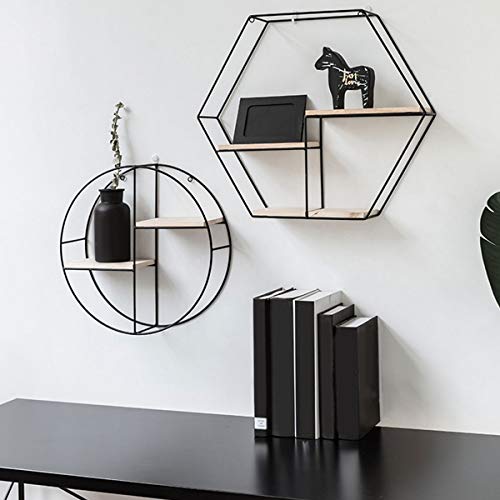 Prime Leader Wall Mounted 2 Tier Regular Hexagon Metal Display Organizer Rack Holder Floating Shelves for Bedroom Living Room Kitchen Office(Black, 18.8" x 16.5")