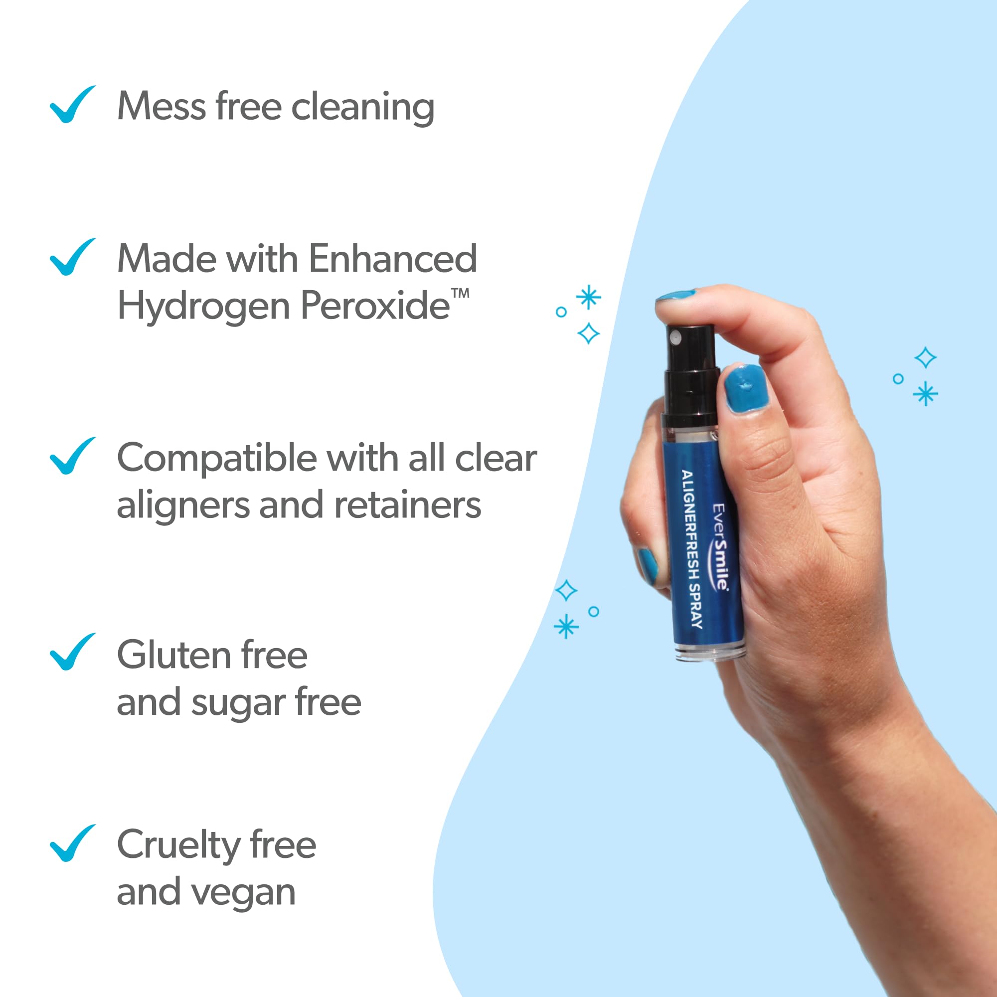 EverSmile AlignerFresh Cleaning Spray for Invisalign and All Clear Aligners and Retainers β On-the-Go Cleaning & Teeth Whitening, Kills Bacteria, Fights Bad Breath β Mint Flavor, 10ml (2 Pack)