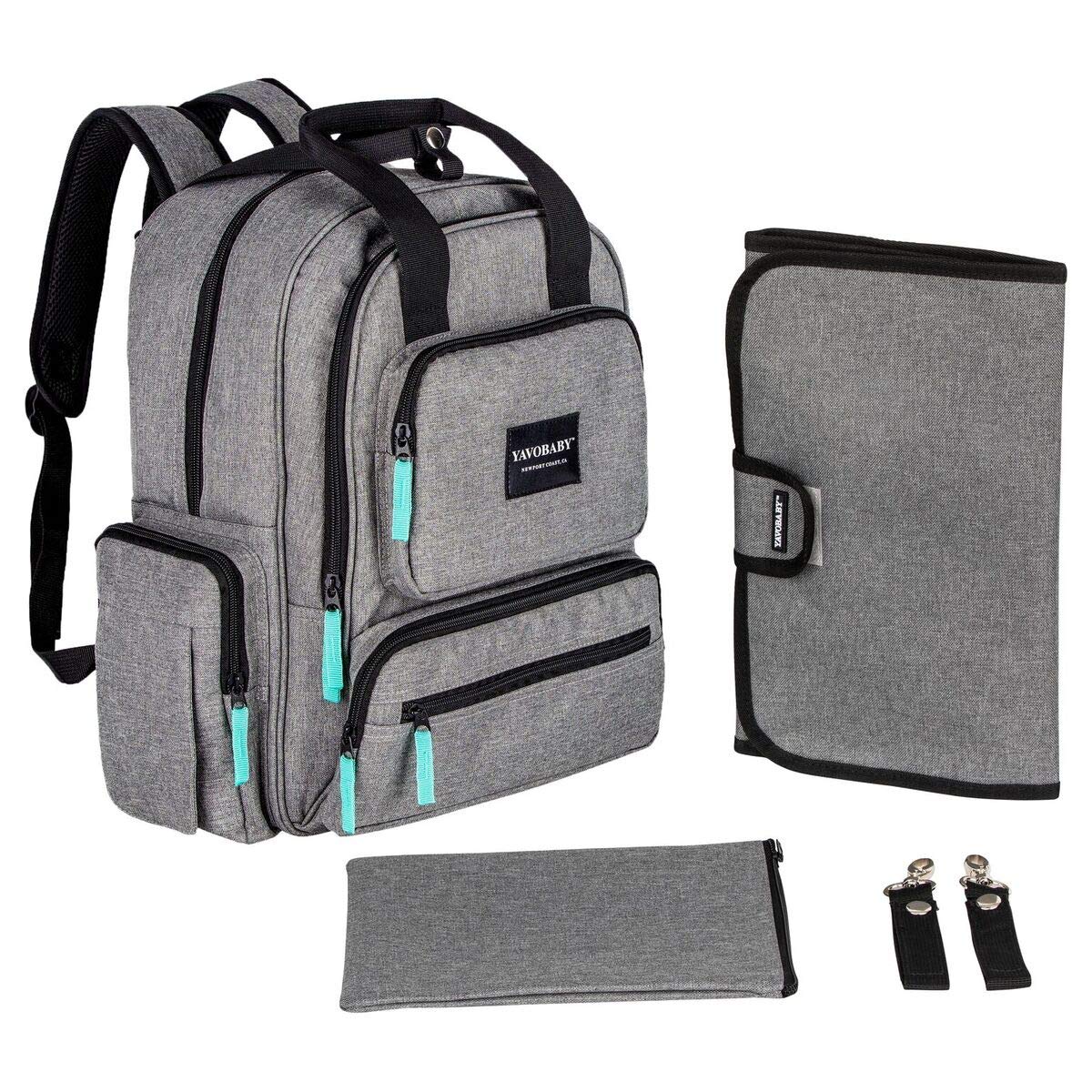 YavoBaby Diaper Bag Backpack - Large Capacity 18 Pocket Multi-Functional Unisex Diaper Bag - Extremely Durable and Stylish - Includes Changing Pad, Stroller Straps, and Nursing Pouch -Gray w/Teal Tags