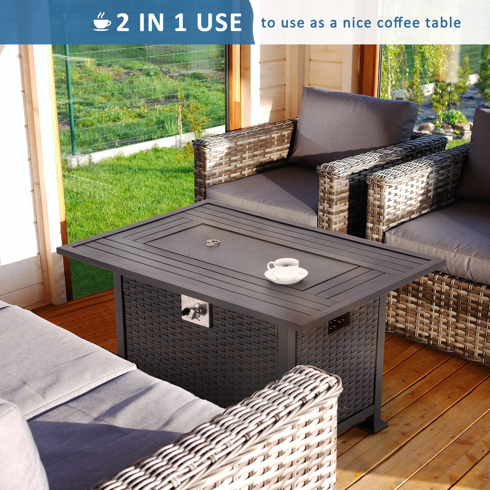 UDPATIO 8 Piece Patio Furniture Sets with Fire Pit Table, Rattan Outdoor Patio Furniture Sofa Sectional w/Gas Fire Pit, Coffee Table, 2 Waterproof Covers,for Patio Back Deck, Balcany, Poolside,Cream